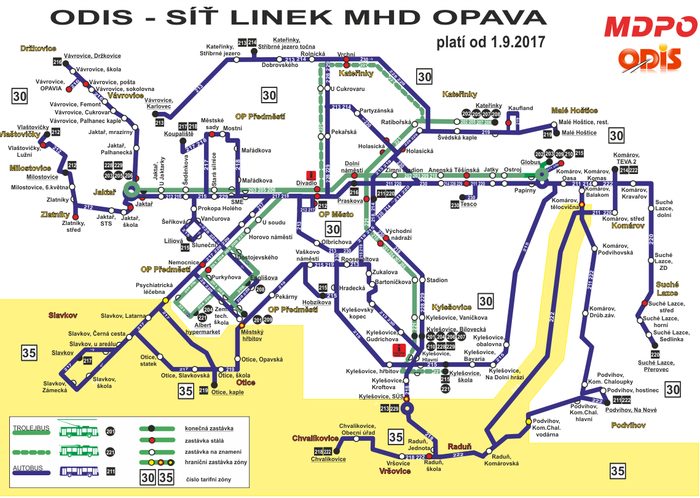 MDPO, MHD Opava, síť zastávek MHD Opava